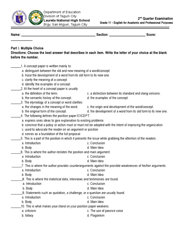 2nd Quarter Exam-EAPP | PDF | Chart | Word