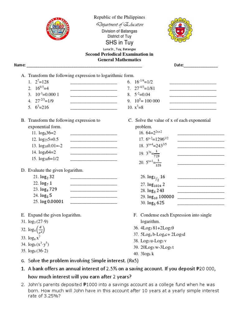 Gen Math Exam | PDF | Logarithm | Special Functions