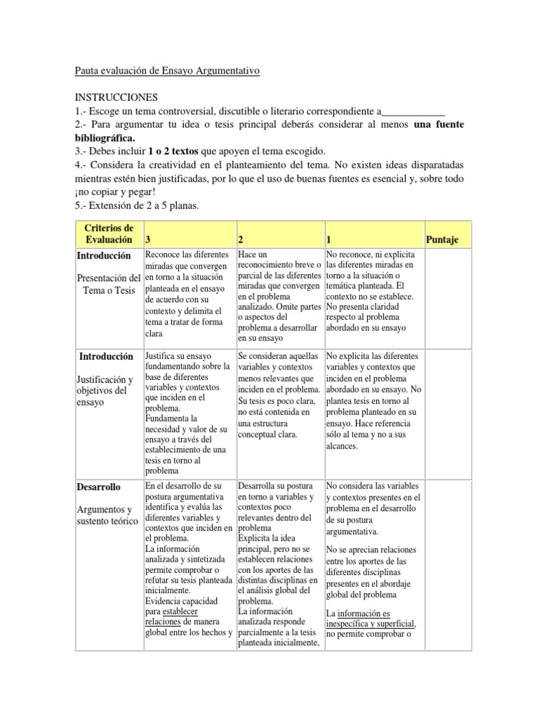 Rubrica ensayo argumentativo | Ensayos | Ciencia