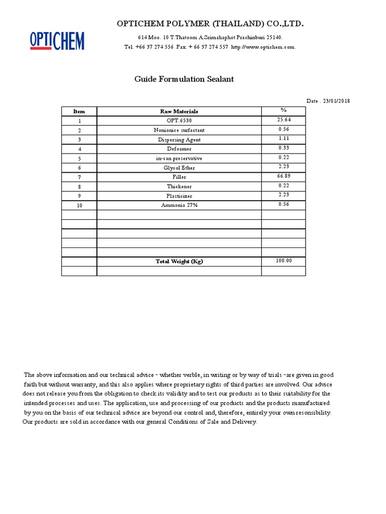 Guide Formulation Sealant of 6530 | PDF