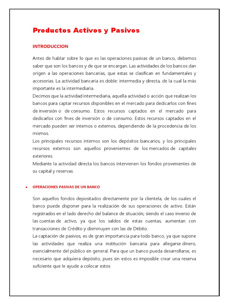 Productos Activos y Pasivos: Introduccion | Banco Comercial | Bancos