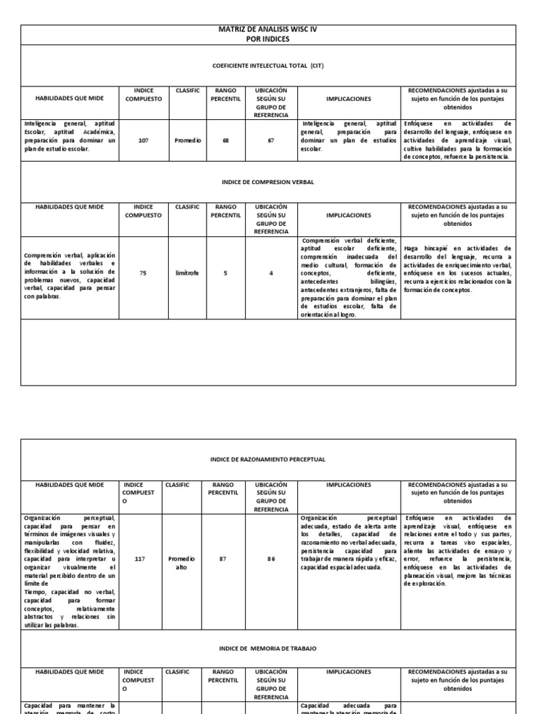 Análisis de Matrices WISC IV | PDF | Memoria | Aprendizaje