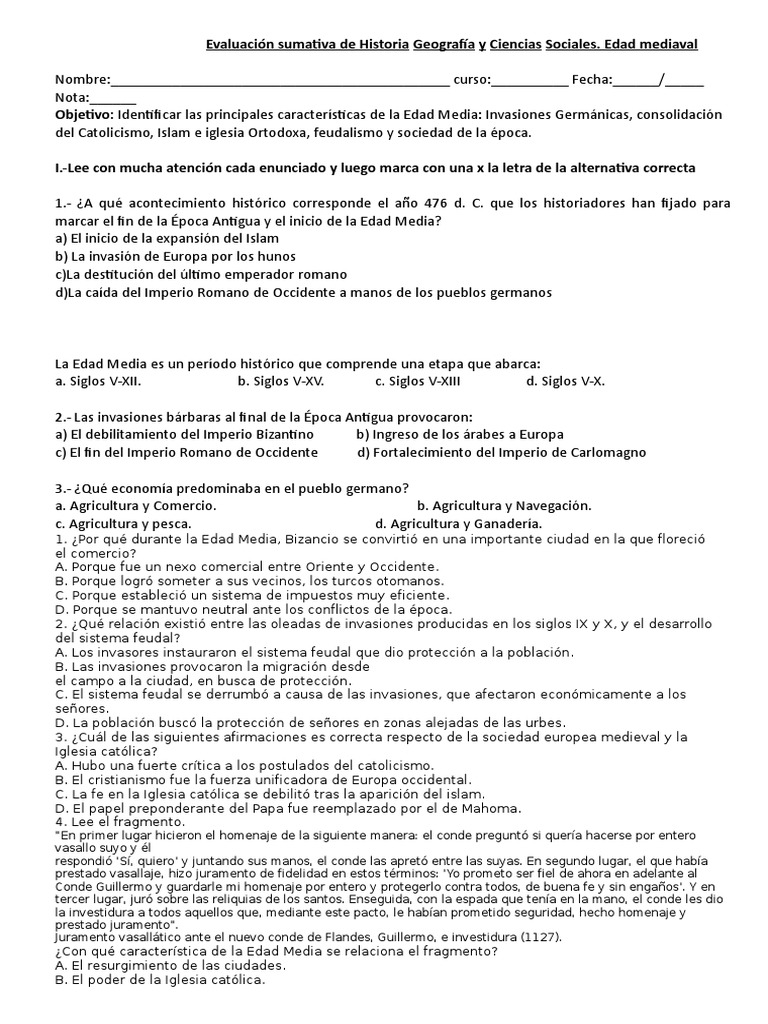 Prueba de Historia Edad Media | PDF | Cruzadas | Feudalismo