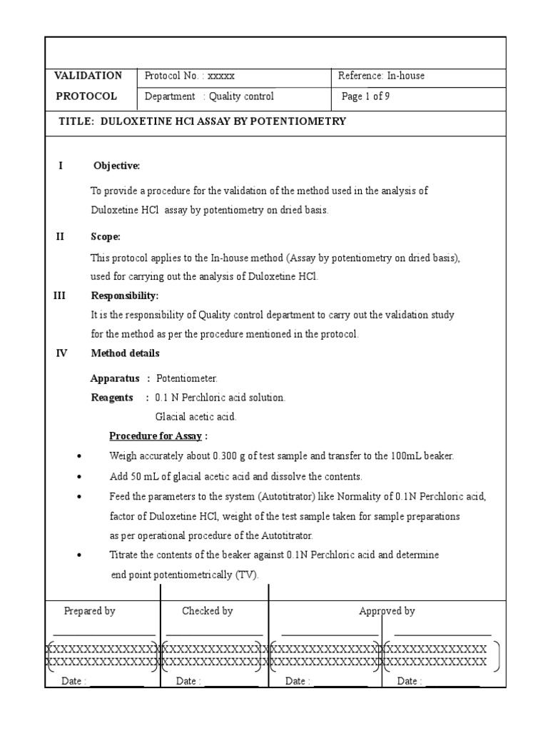 Assay By Titration Validation Protocol Model Pdf Assay Titration