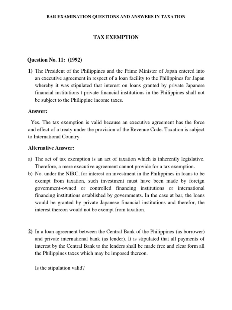 Bar Examination Questions and Answers in Taxation | PDF