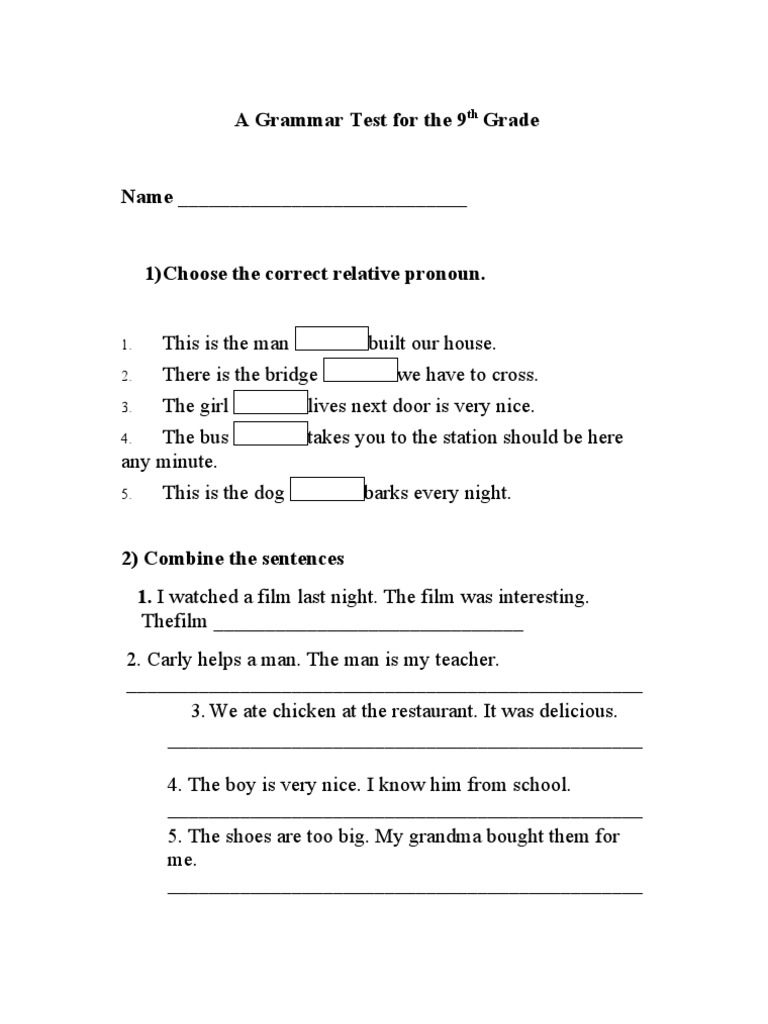 A Grammar Test For The 9th Grade Relative A | PDF | Leisure