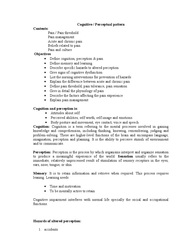 Cognitive-Perceptual Patterns in Nursing | PDF | Pain | Sleep