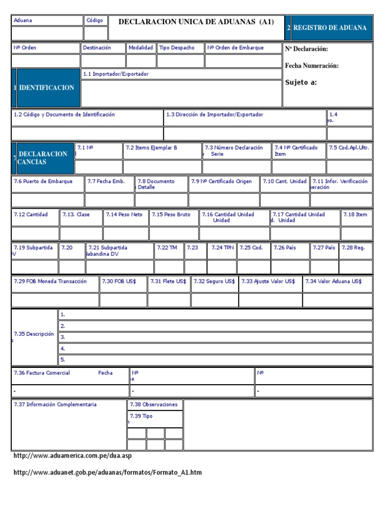 Para La Declaración Única de Aduanas Formato A1 | PDF