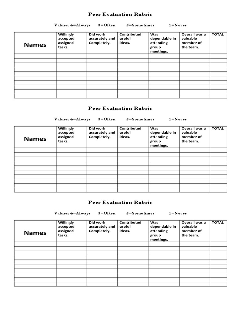 Peer Evaluation Rubric Template | PDF