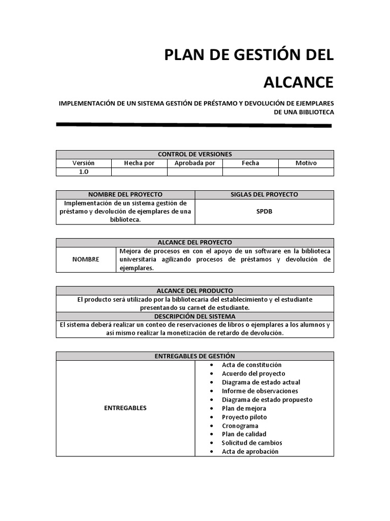 Plan de Gestión del Alcance del Proyecto Bibliotecario | PDF | Software ...