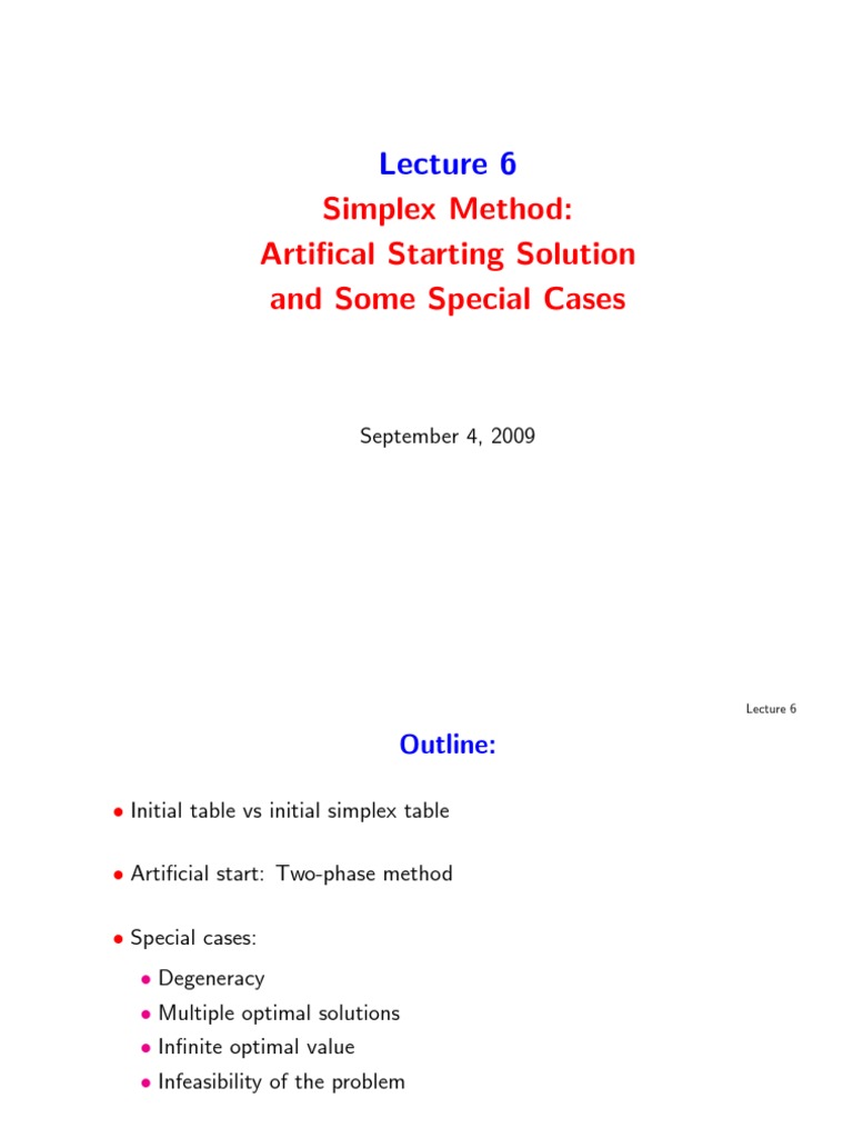 Simplex Method: Artifical Starting Solution and Some Special Cases ...