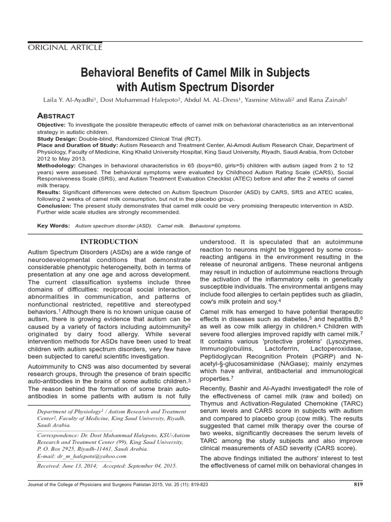 Behavioral Benefits of Camel Milk in Subjects | PDF | Autism | Autism ...