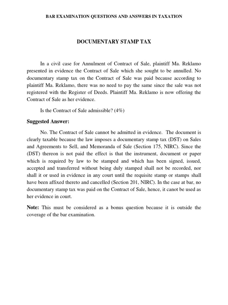 Documentary Stamp Tax: Bar Examination Questions and Answers in ...