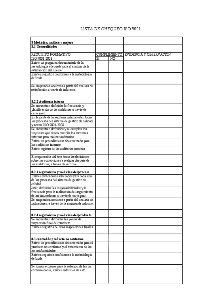 Lista de Chequeo Iso 9001 Cap8 | Calidad (comercial) | Auditoría