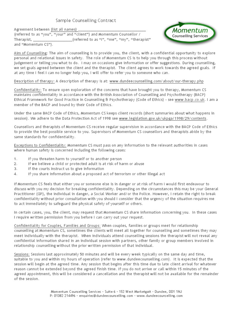 Sample Contract | PDF | Confidentiality | Psychotherapy