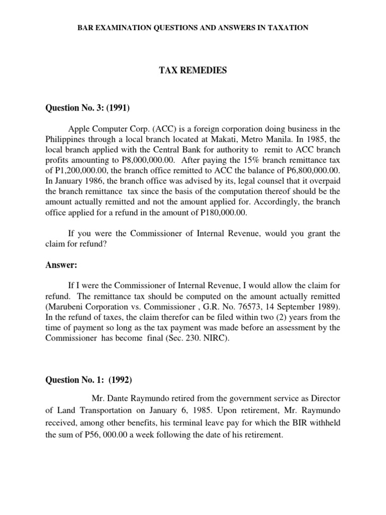 Taxation Bar Exam Questions & Answers | PDF | Tax Refund | Internal ...