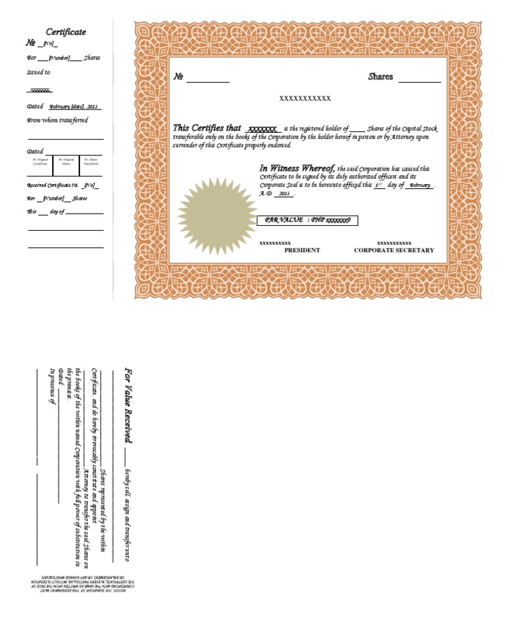 Stock Certificate Template | PDF | Stock Market | Private Law