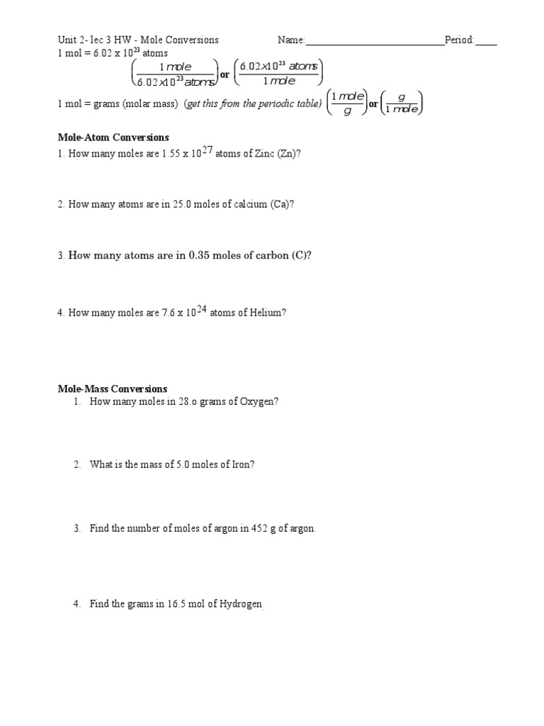 Chem1 Unit2 Lec3 Notes 2014-Mole | PDF | Mole (Unit) | Nature