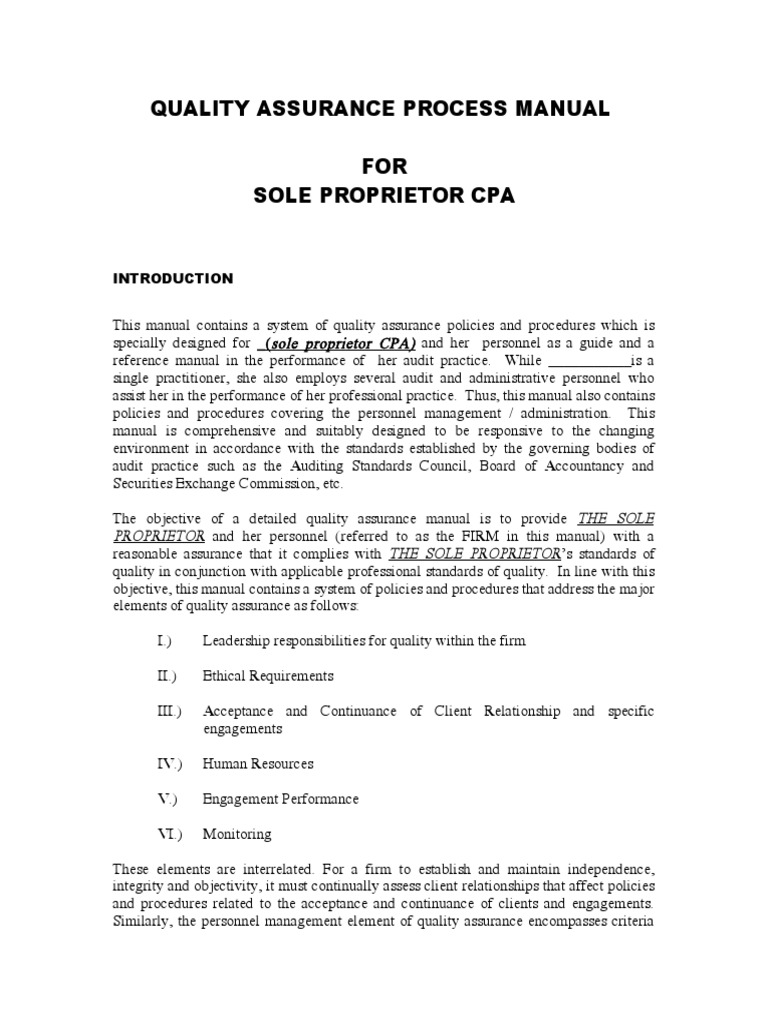 Quality Assurance Process Manual FOR Sole Proprietor Cpa | PDF ...