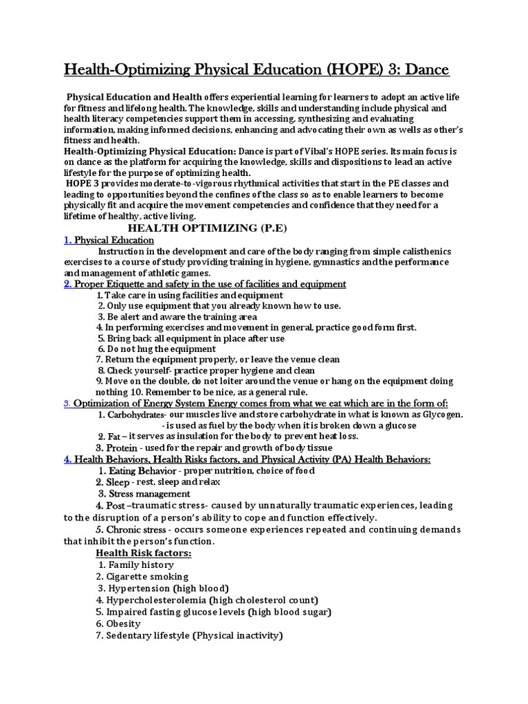 Health Optimizing Grade 12 - P.E | PDF | Dances | Physical Education