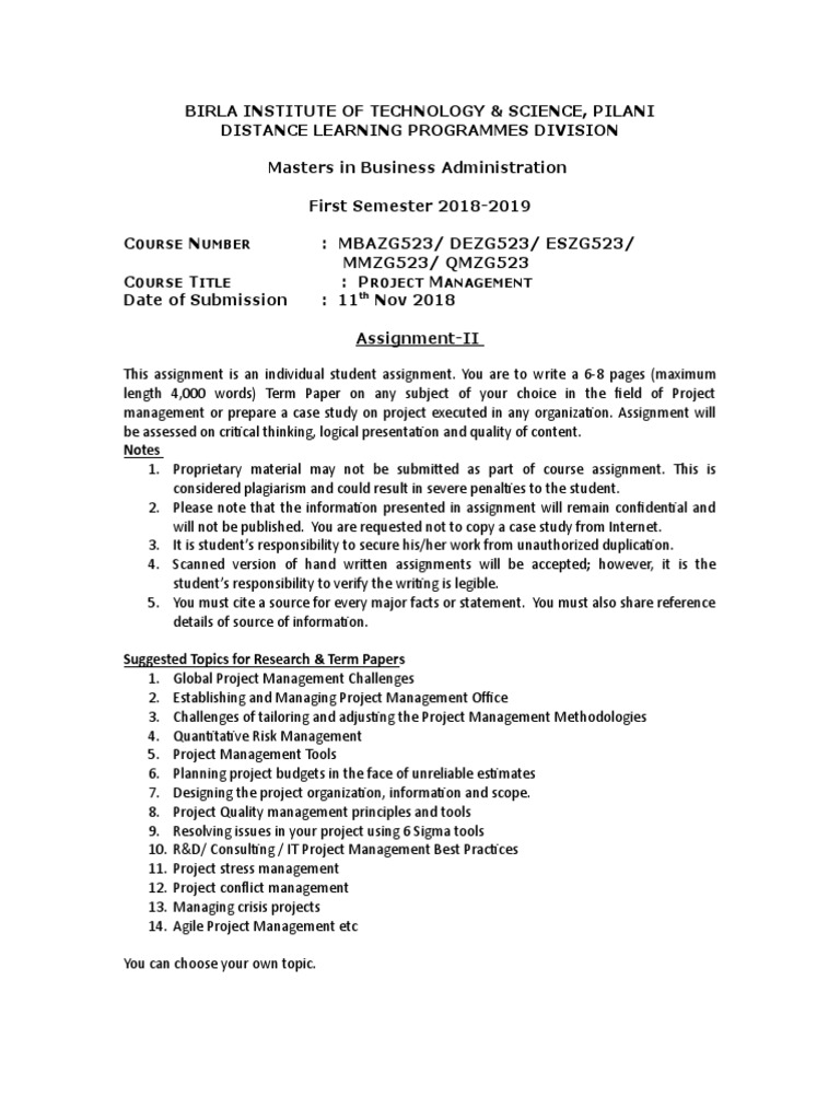 BITS Project Management Assignment - II | PDF