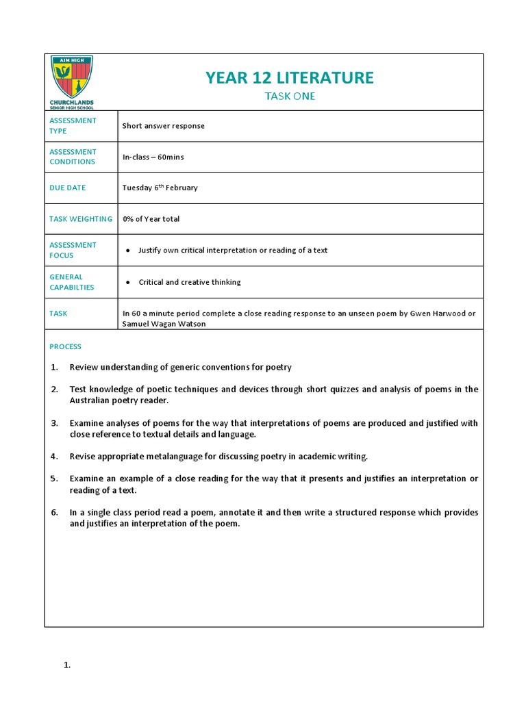 Year 12 Literature: Task One | PDF | Critical Thinking | Poetry