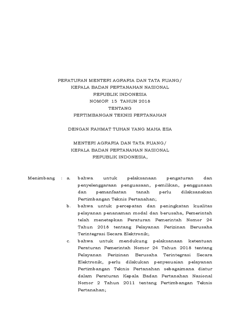 Permen ATR-BPN No 15 Tahun 2018 Tentang Pertimbangan Teknis Pertanahan ...