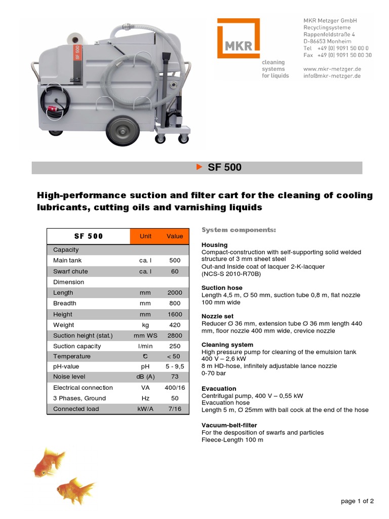 Data Sheet Suction and Filter Cart SF 500 | PDF | Pump | Mechanical ...