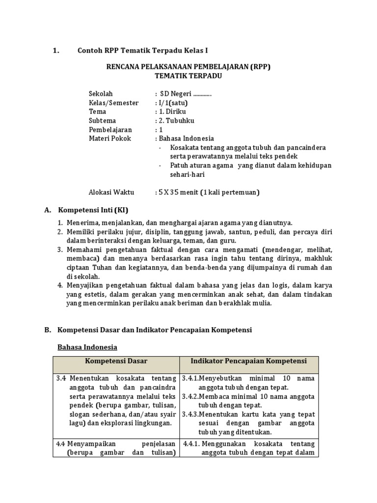 Contoh RPP Tematik Terpadu Kelas I Dan 4 MODUL | PDF
