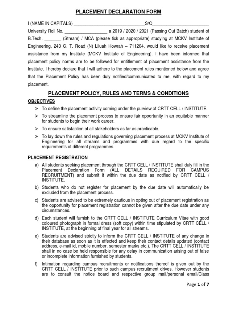 Mckvie Placement Policy 2017 | PDF | Committee | Recruitment