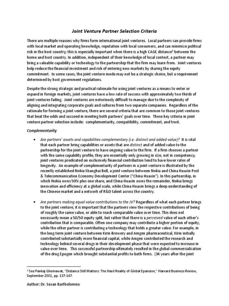 JV Partner Selection Criteria | PDF | Joint Venture | Partnership