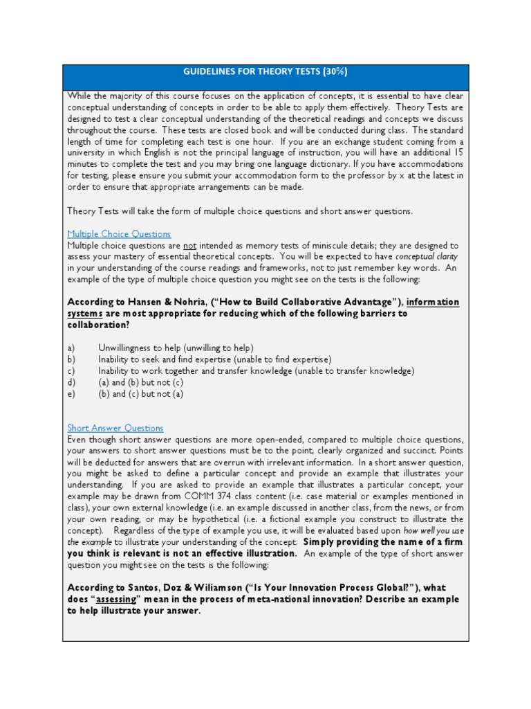 Guidelines For Theory Tests (30%) : Multiple Choice Questions | PDF ...