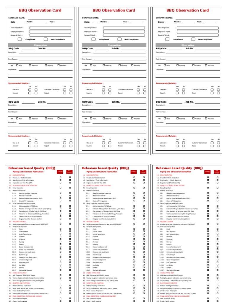 BBQ - Behaviour Based Quality Card | PDF | Pipe (Fluid Conveyance ...