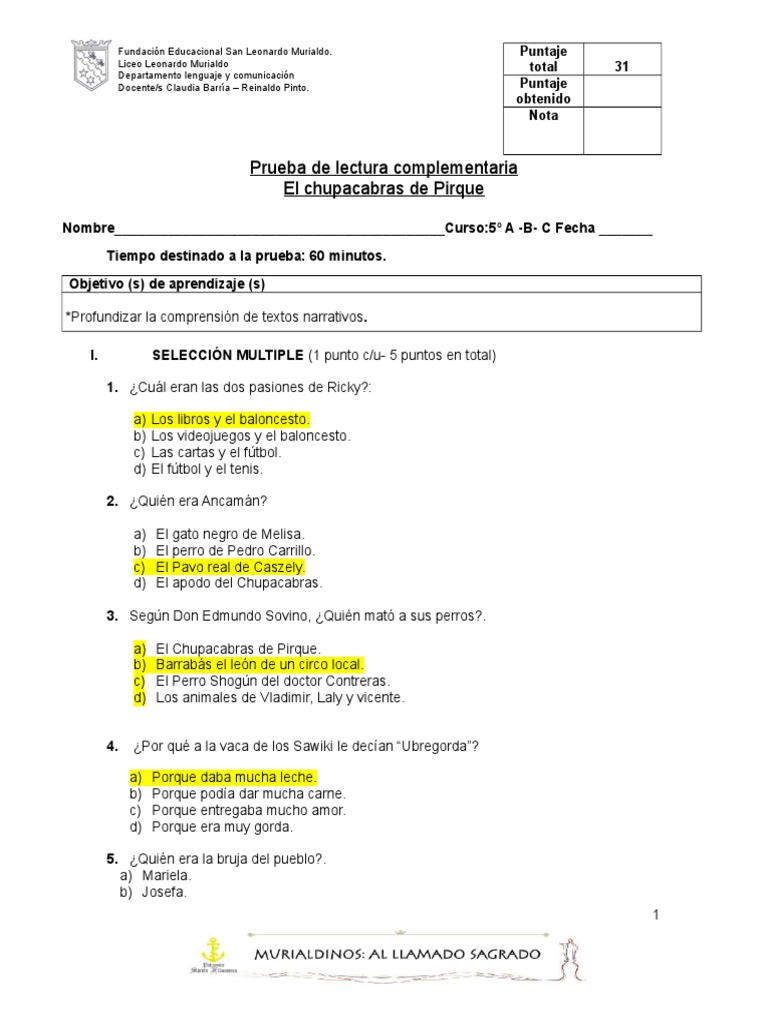 Prueba de lectura: Chupacabras de Pirque | PDF
