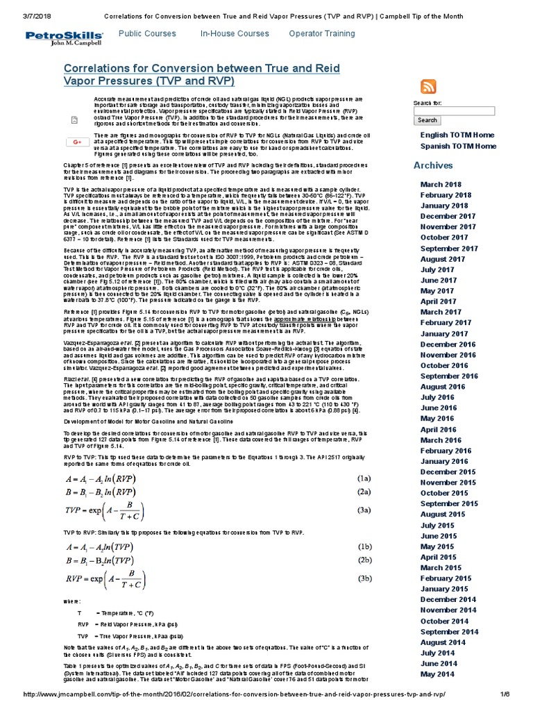 Correlations For Conversion Between True and Reid Vapor Pressures (TVP ...