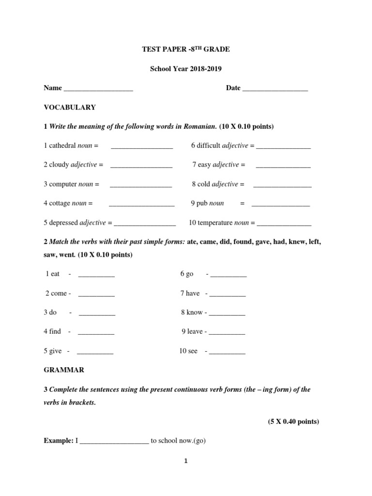 TEST PAPER 8th Grade (1st Semester) | PDF | Adjective | Diploma