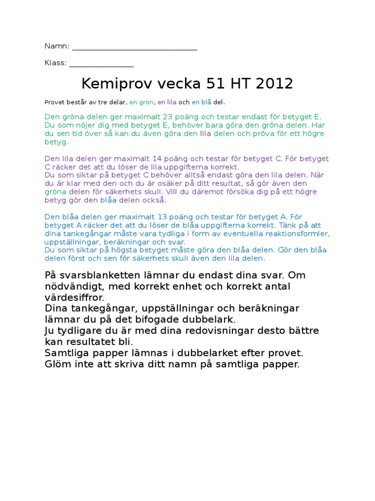 Kemi 1 Prov 2 HT2012 Facit | PDF