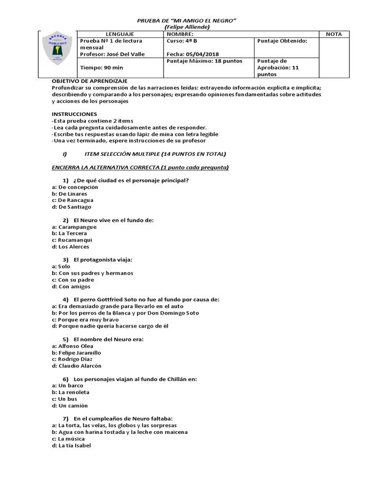 Prueba de Lectura: "Mi Amigo el Negro" | PDF