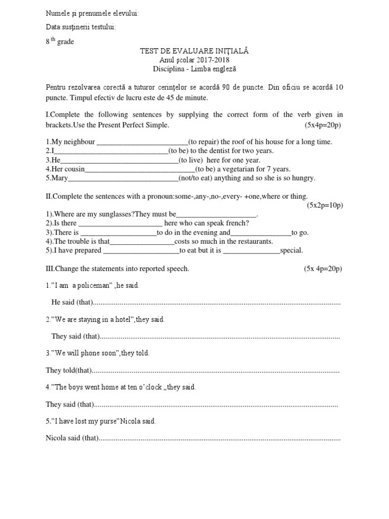 Test Initial Engleza Clasa A 8 A | PDF | Morphology | Linguistics