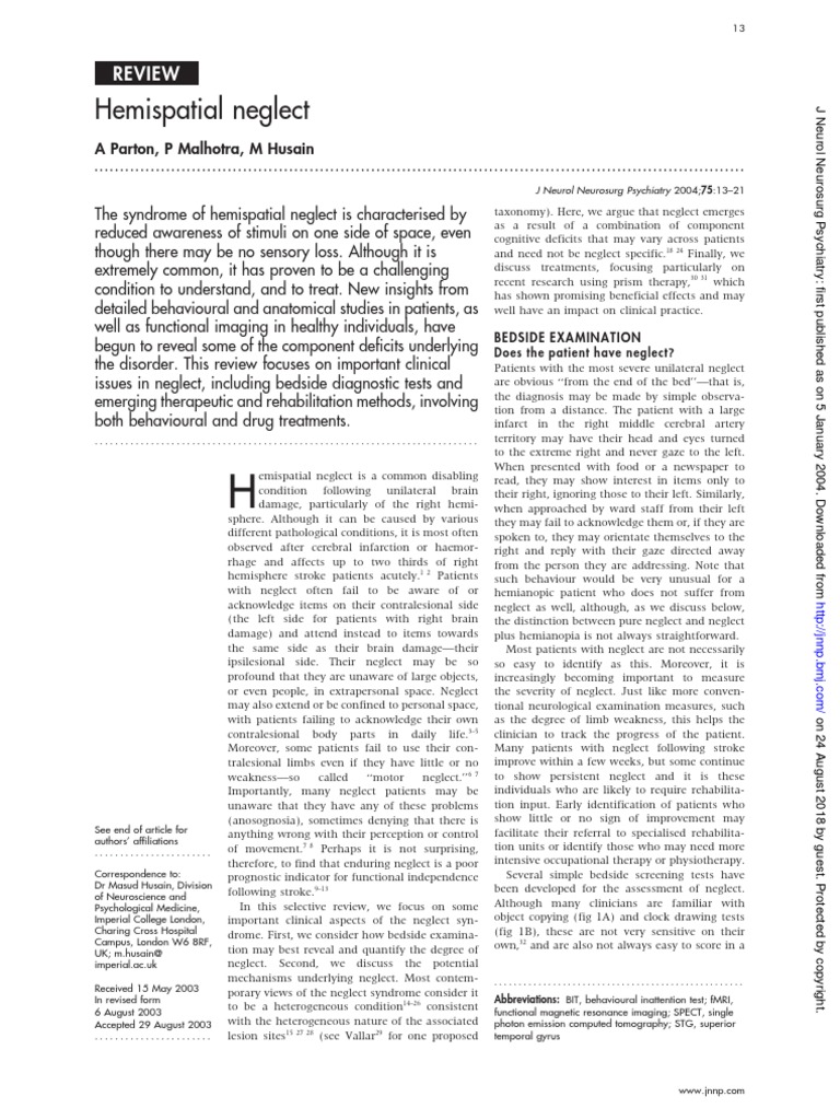 Hemispatial Neglect: Review | PDF | Parietal Lobe | Cerebral Cortex