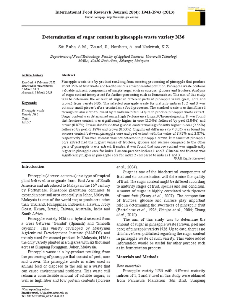 Sugar Content in Pineapple Waste PDF | PDF | Sucrose | Fructose