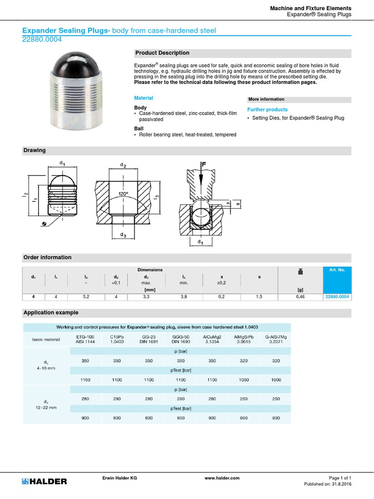 Expander Sealing Plugs: Body From Case-Hardened Steel 22880.0004 | PDF