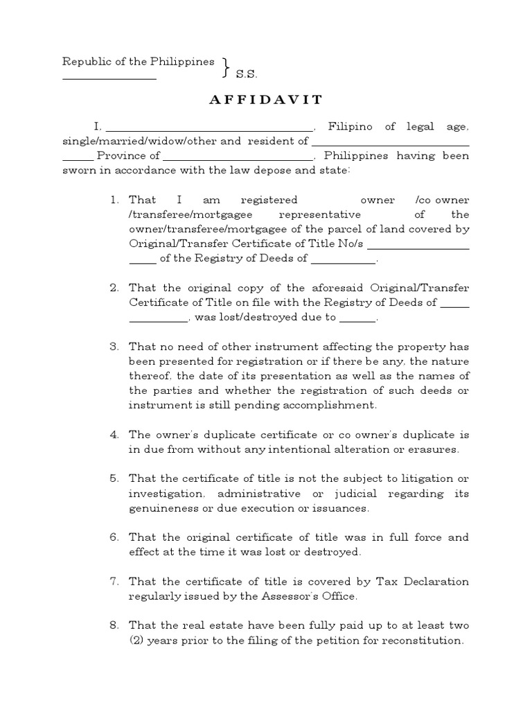 Affidavit For Reconstitution | PDF | Affidavit | Deed