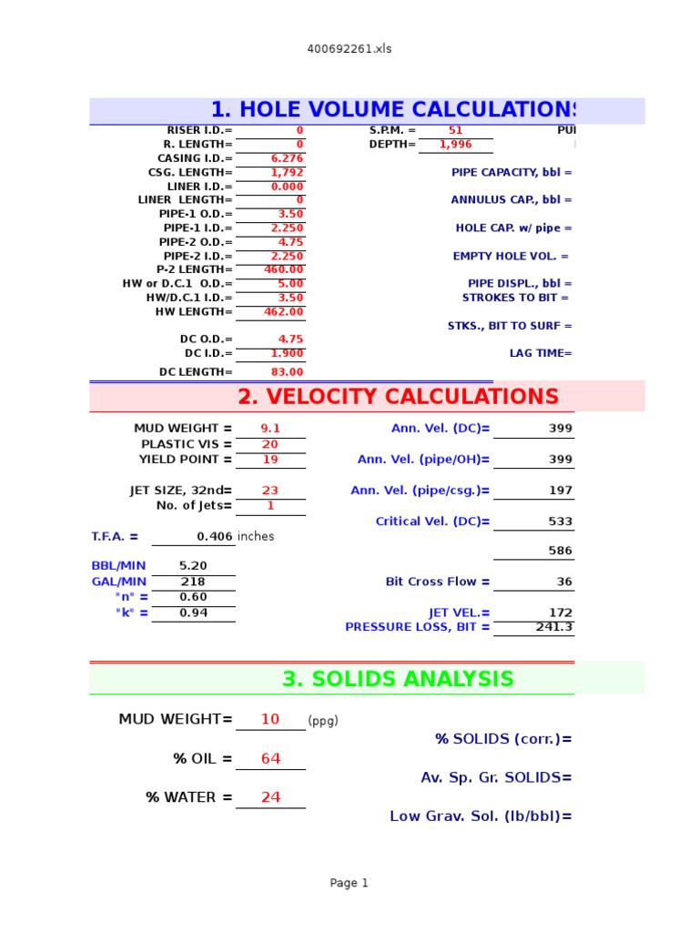 Hole Volume Calculations | PDF | Barrel (Unit) | Gases