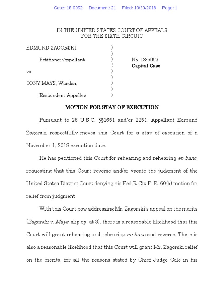 18-6052 - Motion For Stay of Execution | PDF | En Banc | Habeas Corpus
