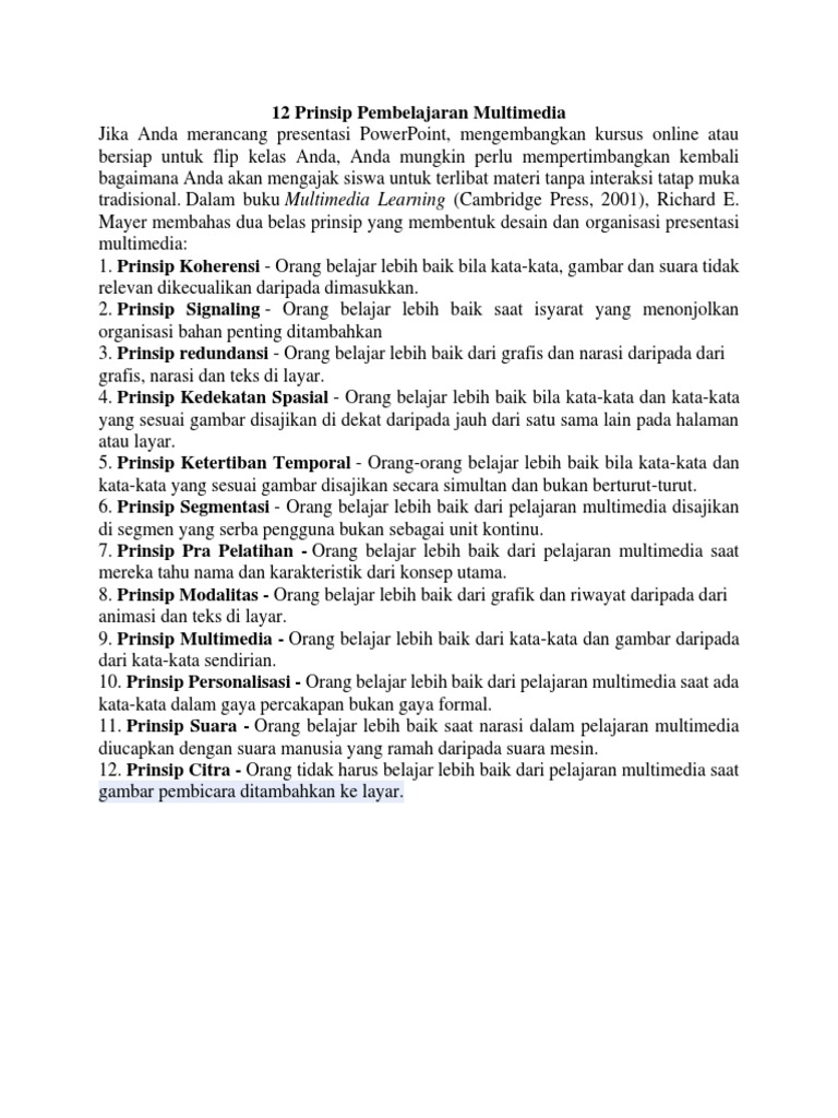 12 Prinsip Pembelajaran Multimedia | PDF
