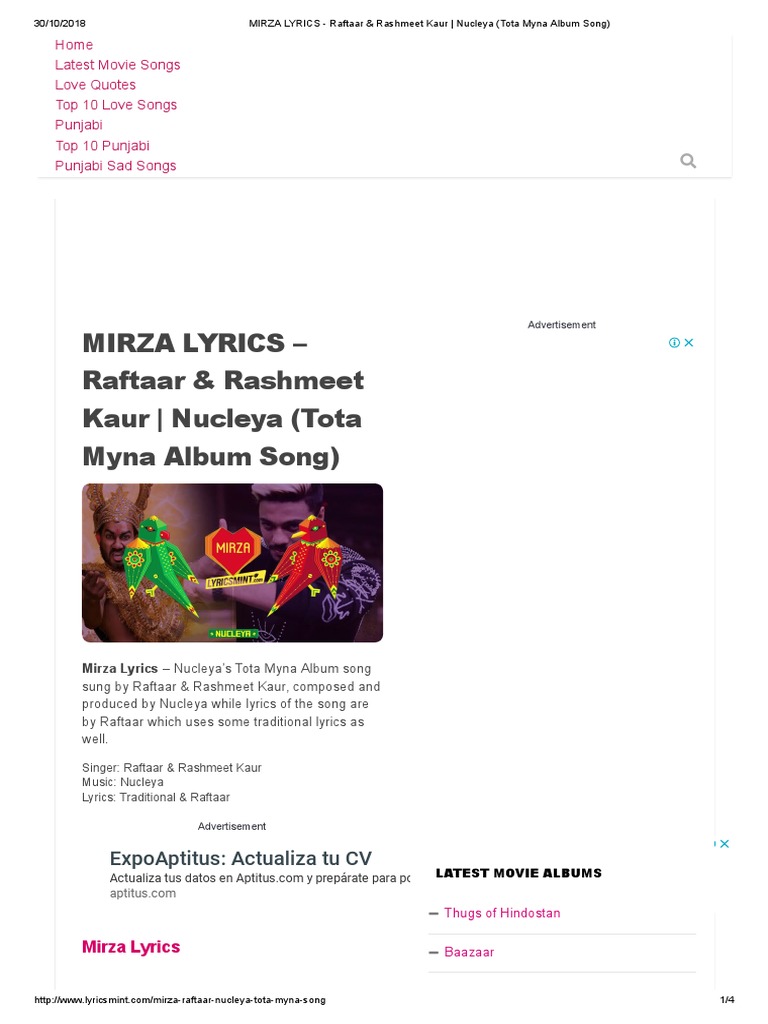 MIRZA LYRICS - Raftaar & Rashmeet Kaur - Nucleya (Tota Myna Album Song ...