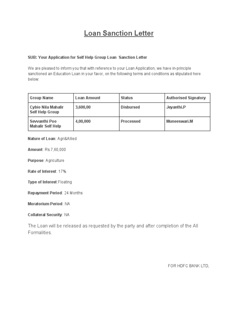 Loan Sanction Letter: The Loan Will Be Released As Requested by The ...