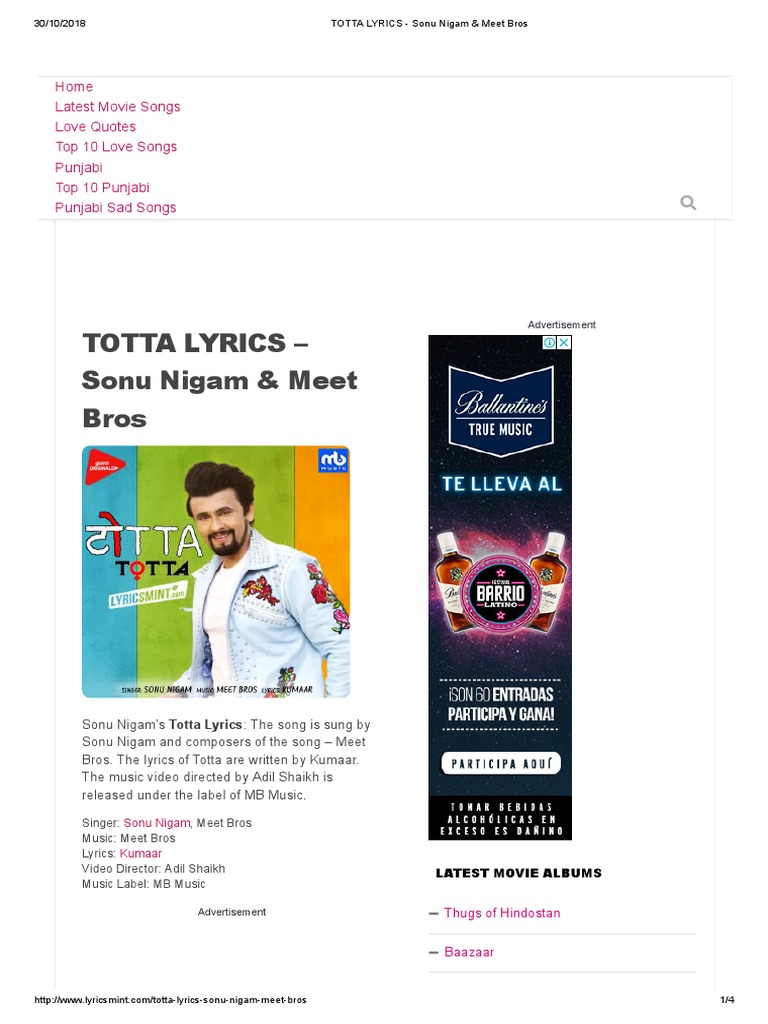 Totta Lyrics - Sonu Nigam & Meet Bros | PDF | Bollywood | Leisure