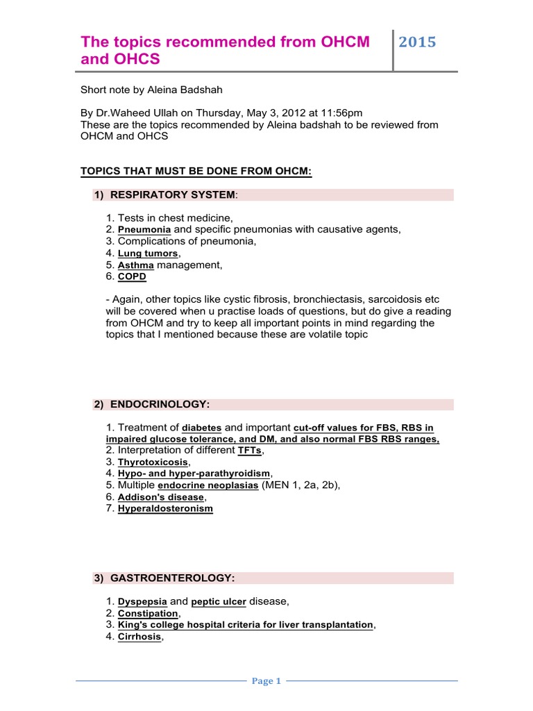 The Topics Recommended From OHCM and OHCS | PDF | Anemia | Pneumonia